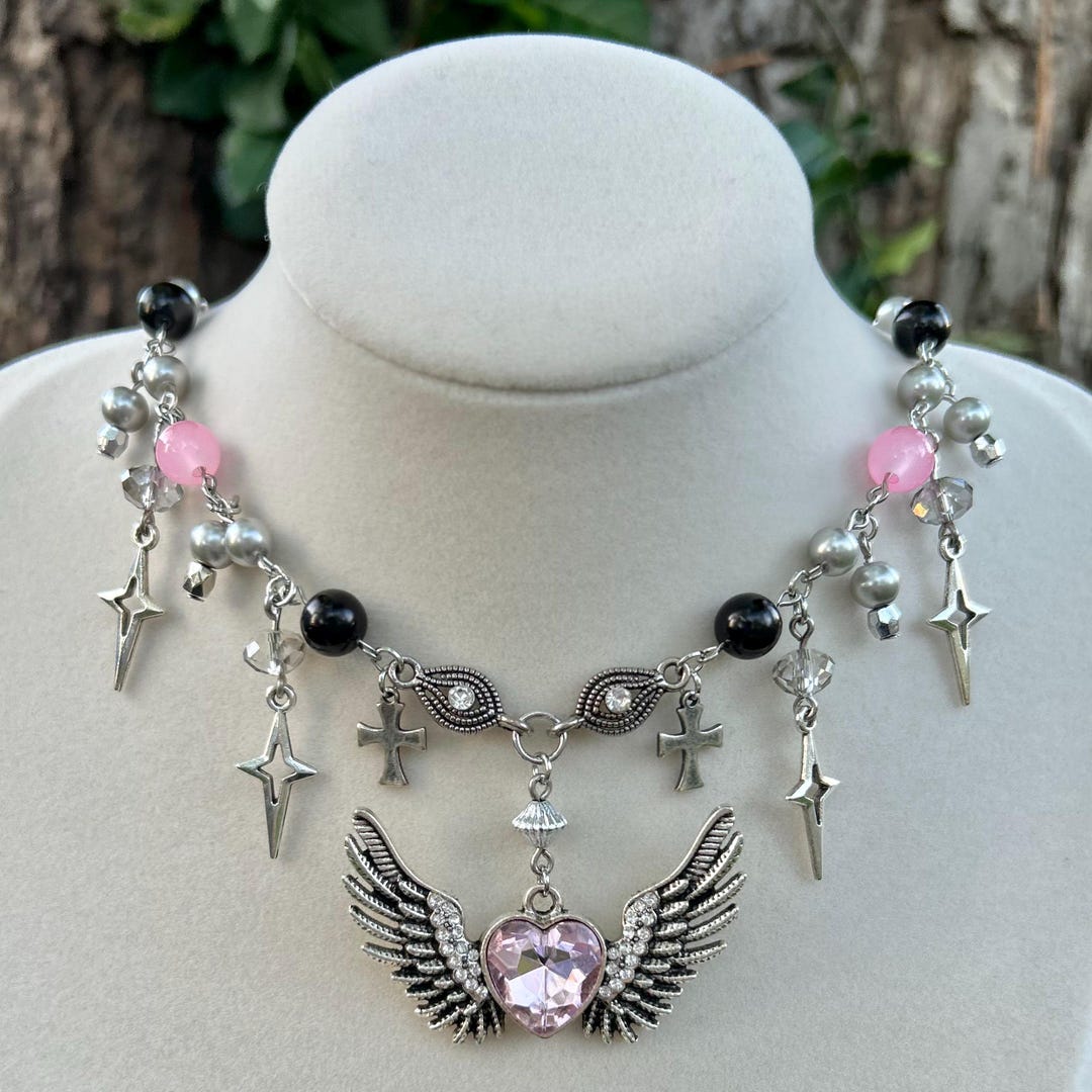Alternative Grunge Edgy Cross Sparkle Unique Beaded Heart Wing Necklace ...