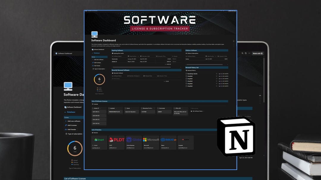 Software License Tracker | Notion Template | Subscription Tracker - Etsy