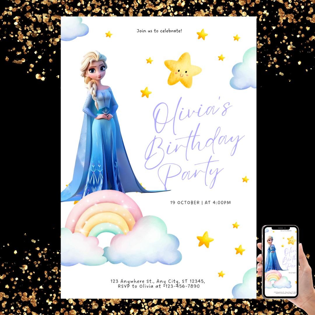 Frozen Princess Elsa Birthday Invitation Editable Rainbow Stars ...