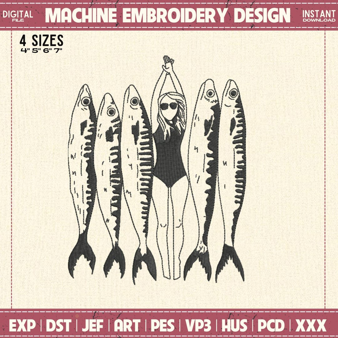 Cute Sardines Machine Embroidery File, Cute Animal Embroidery Design ...