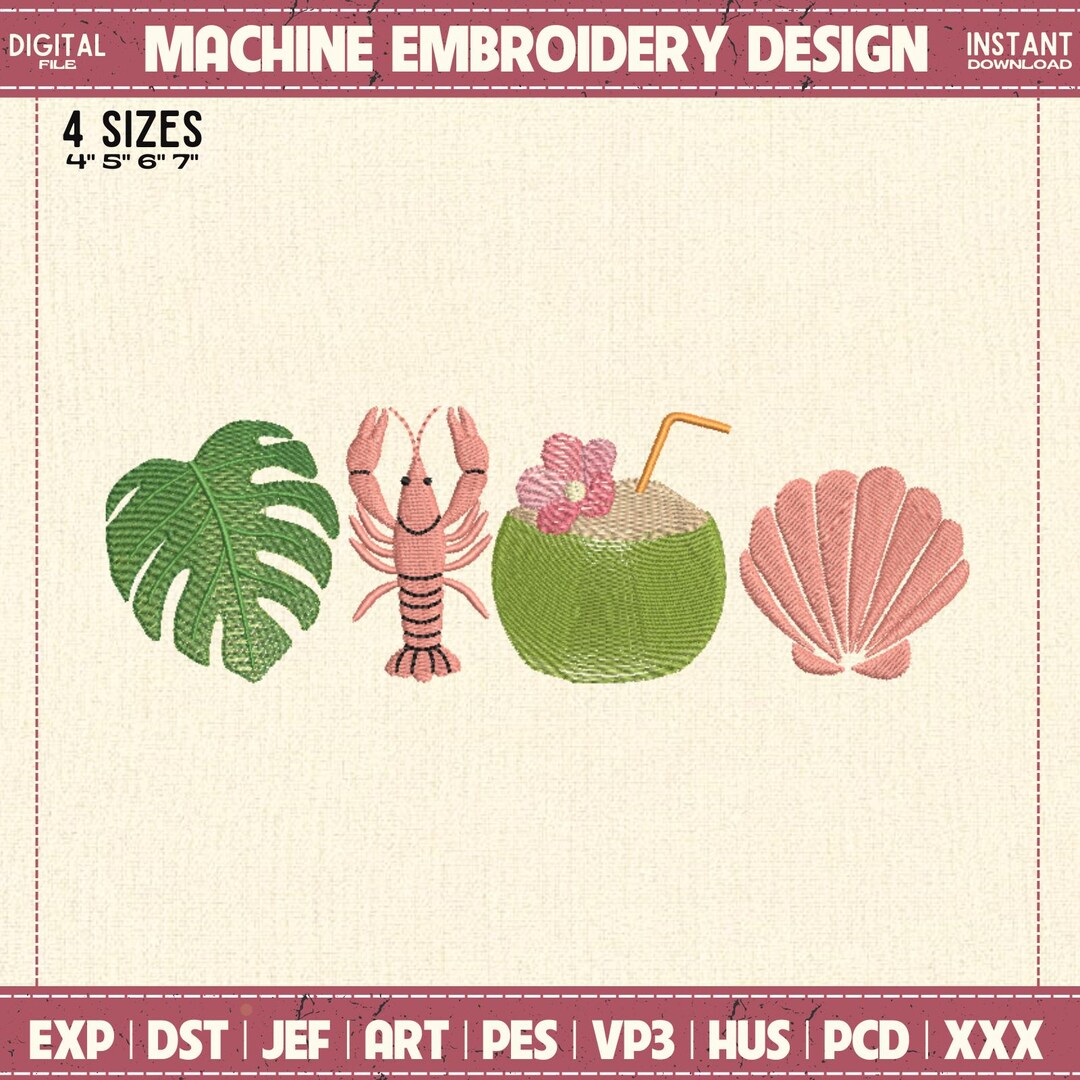 Lobster Machine Embroidery File, Coconut Embroidery, Seashell ...