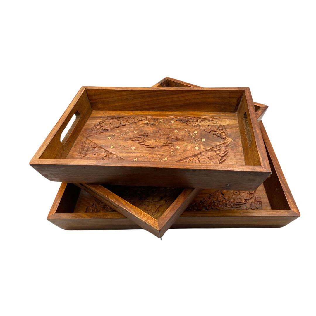 Set of 3 Wooden Serving Trays – Handcrafted Sheesham & Rosewood Trays ...