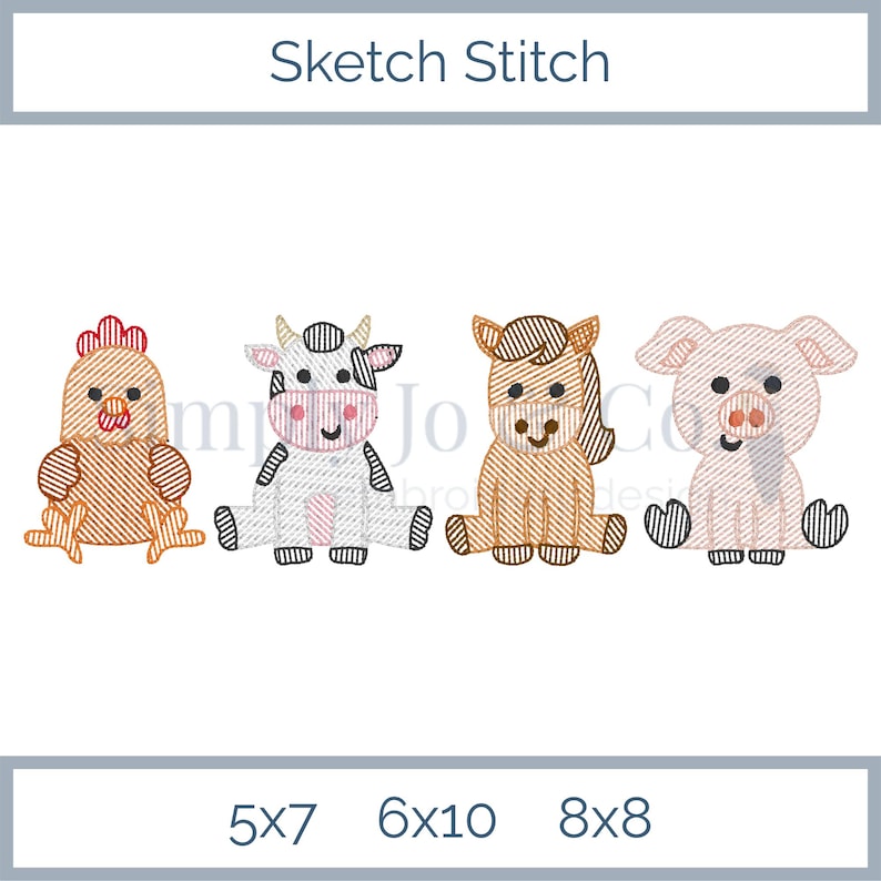 Sitting Farm Animals Sketch Embroidery Design - Chicken, Cow, Horse ...