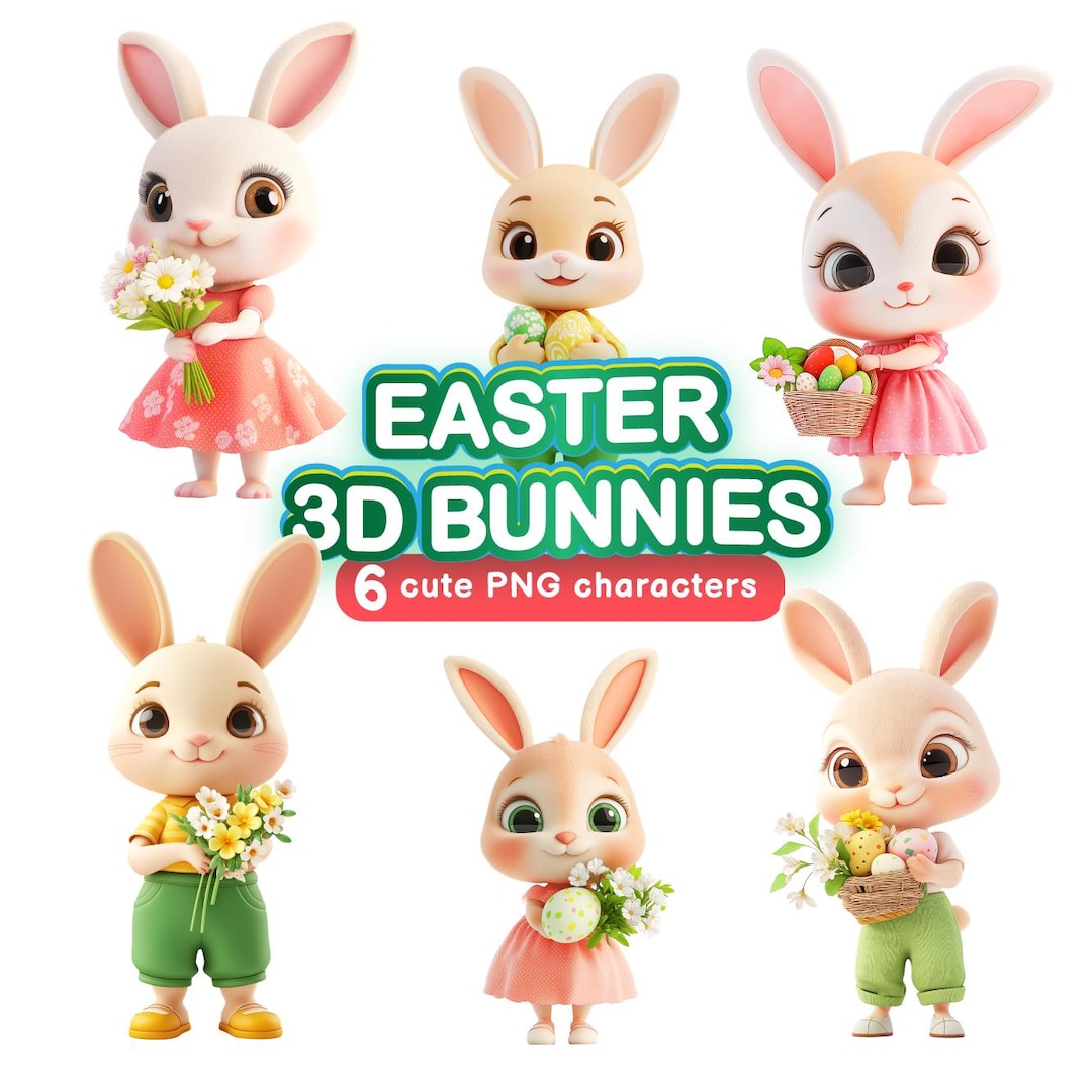 Cute Easter Bunnies Digital Kit - 3D Rabbits, Spring Flowers, Eggs ...