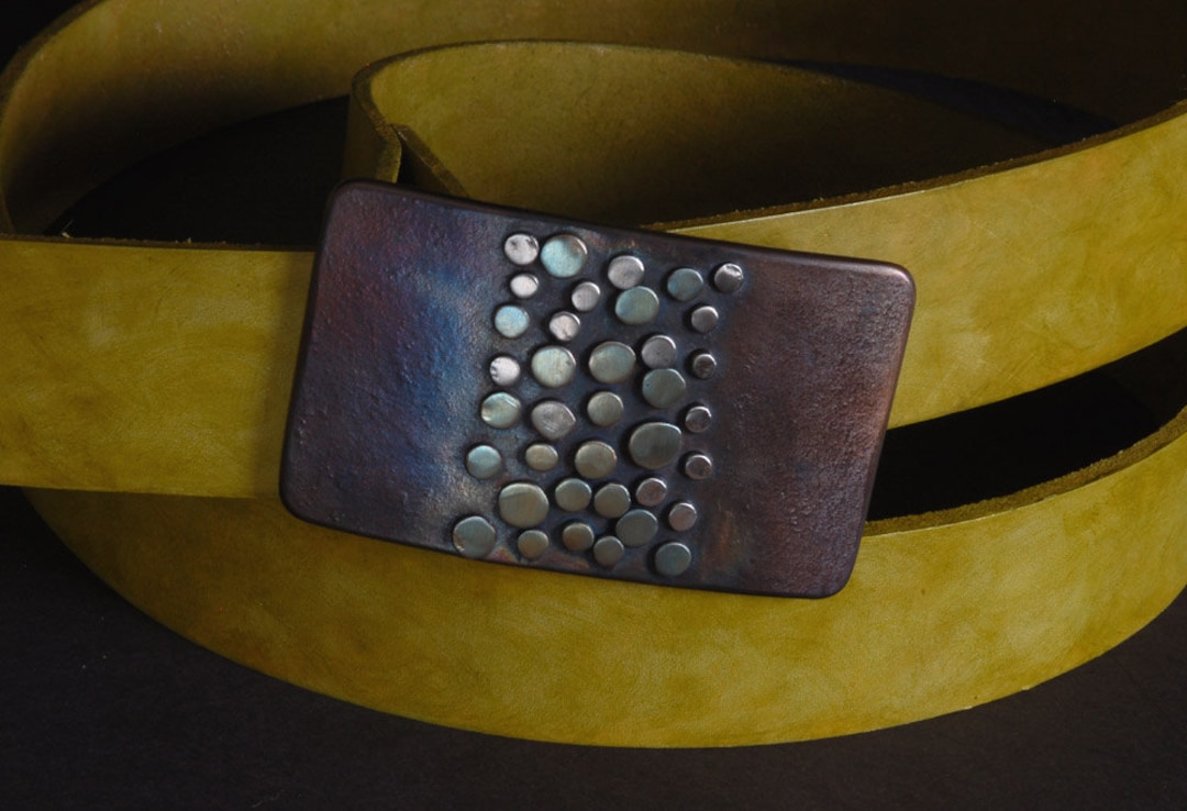 Artisan Belt Buckle & Chartreuse Hand Dyed Belt, Bronze Green Polka Dot ...