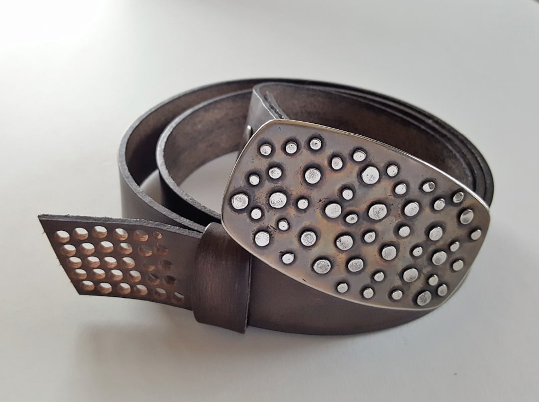Hand Forged Polka Dot Belt Buckle With Slate Wood Grain Leather Belt ...