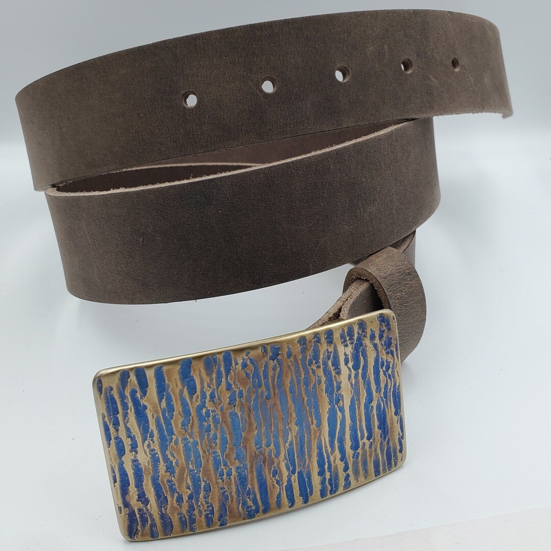 Hand Forged Gold & Blue Belt Buckle: Anvil Textured Stainless Steel ...