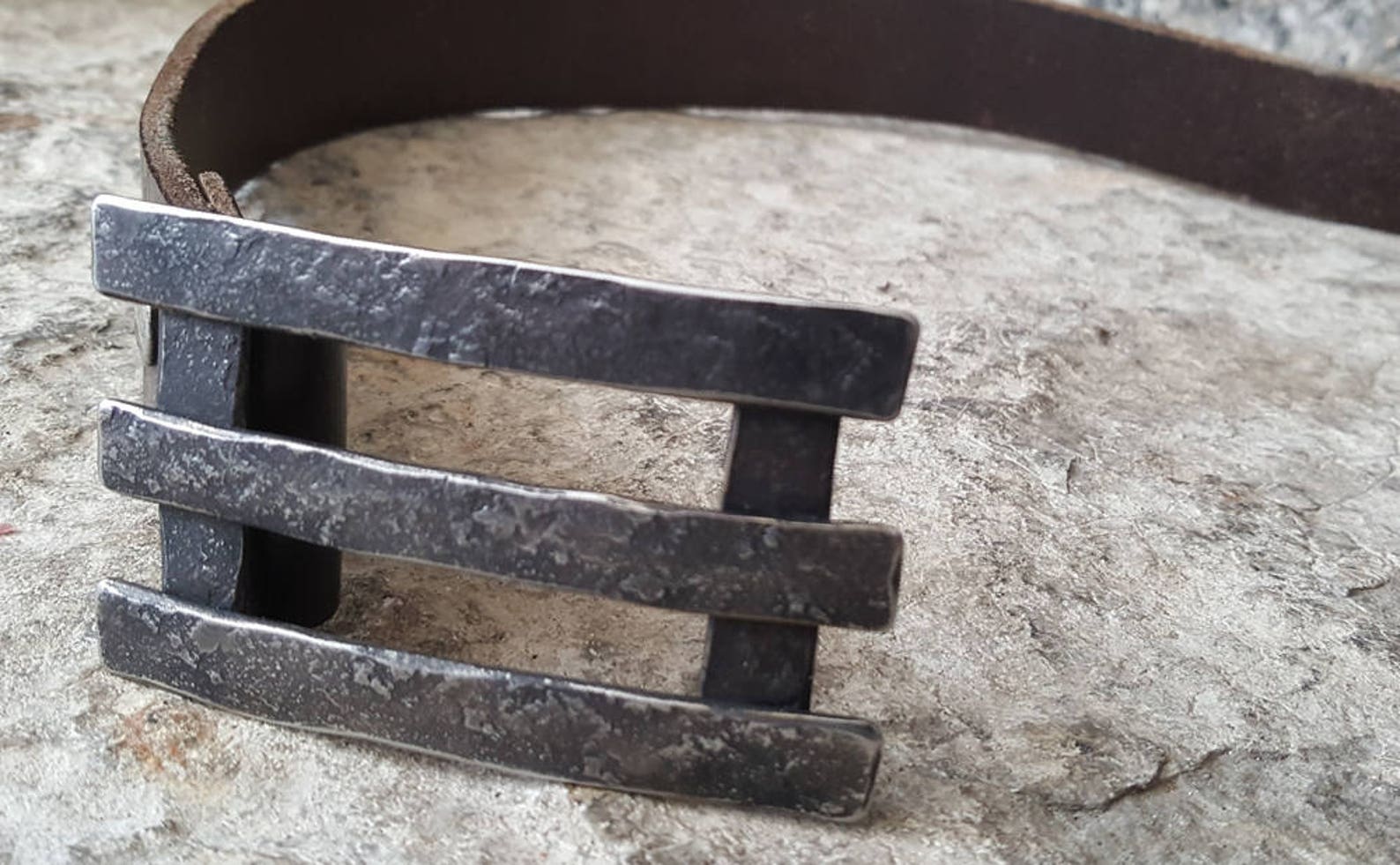 Hand Forged Stainless Steel Belt & 1.5" Leather Belt: Rail Fence Buckle ...