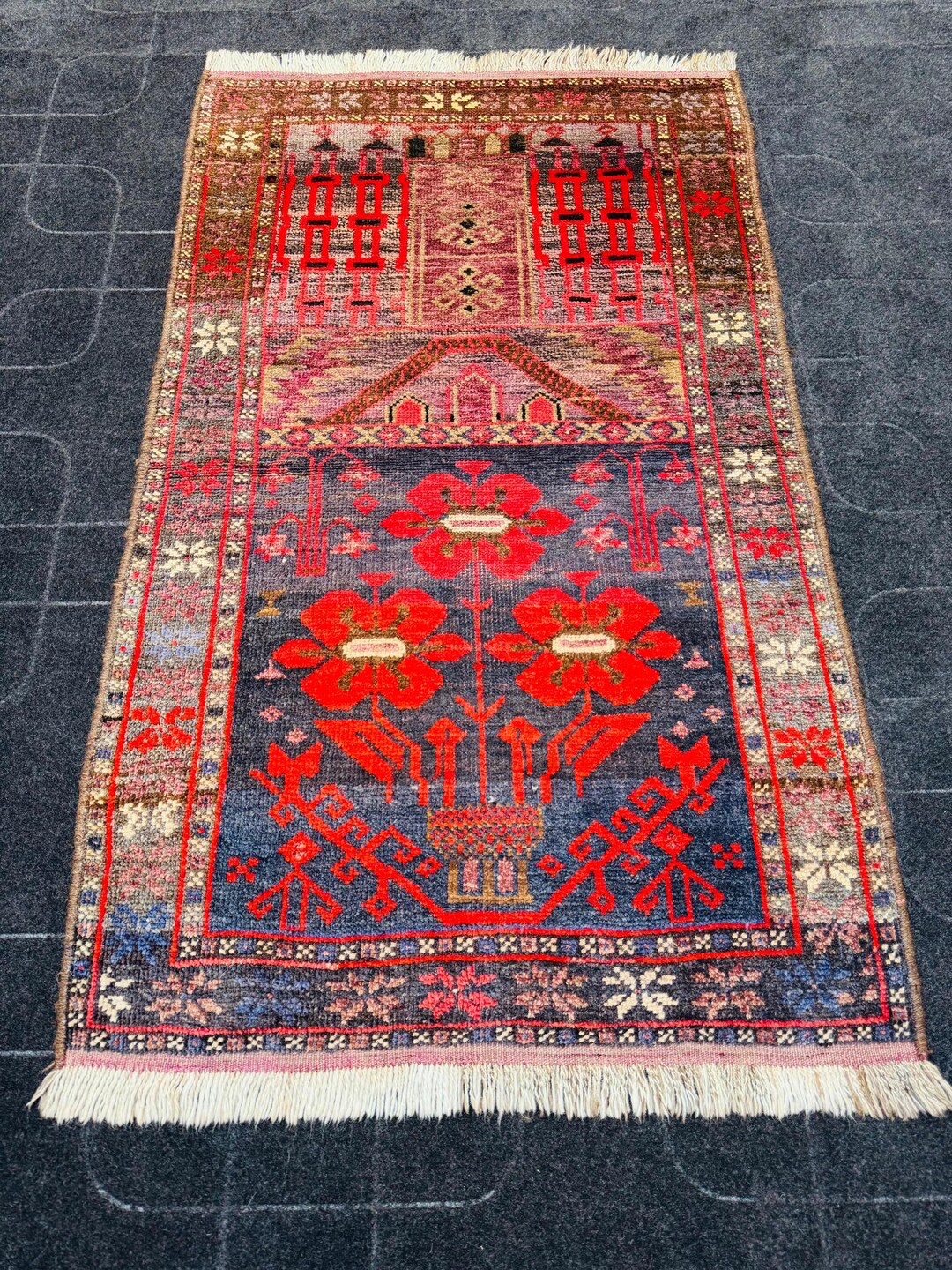 Antique Baloch Taimani Rug: Hand-knotted Wool Prayer Rug, Vegetable Dye ...