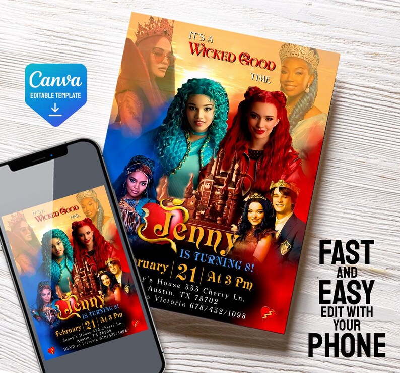 Descendants Rise of Red Invitation, Printable Editable Birthday Invite ...