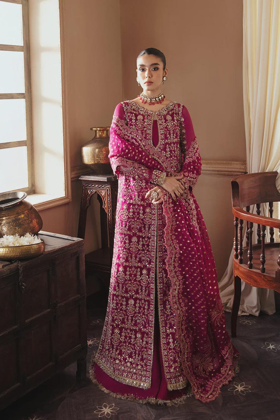 Dark Fuchsia Pink Front Open Gown With Sharara Pakistani Designer ...