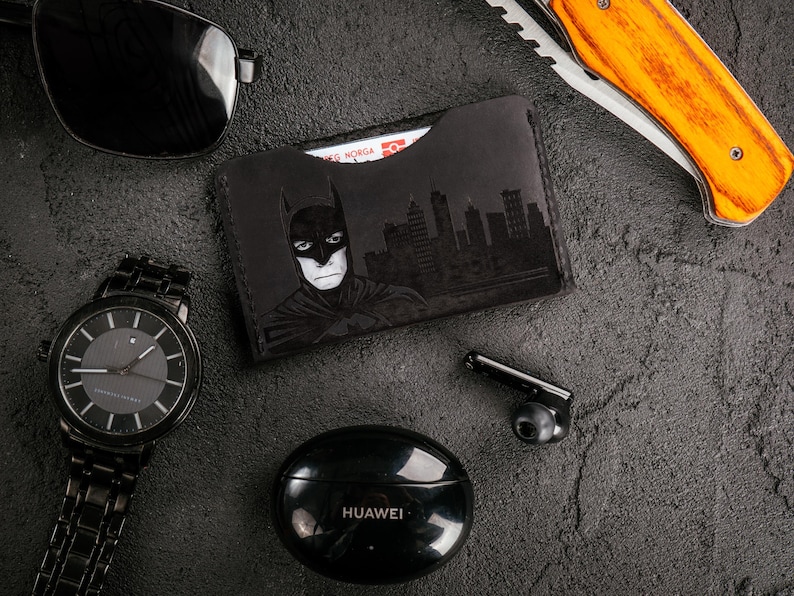 Personalized Leather Superhero ID Wallet: Engraved Bat Mask Cardholder ...