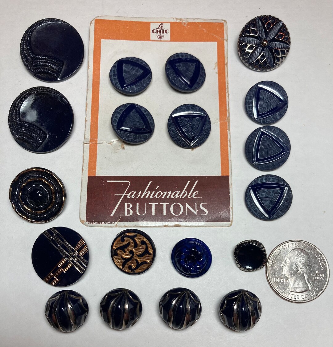Vintage, Antique 1940s Navy Blue Glass Button Lot Silver & Gold Luster ...