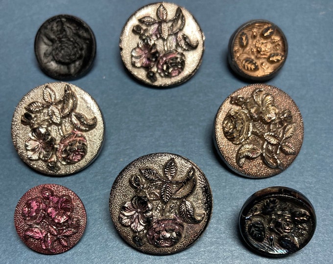 Lot of 8 Antique 1800s Black Glass Luster Buttons Botanical Flowers All ...