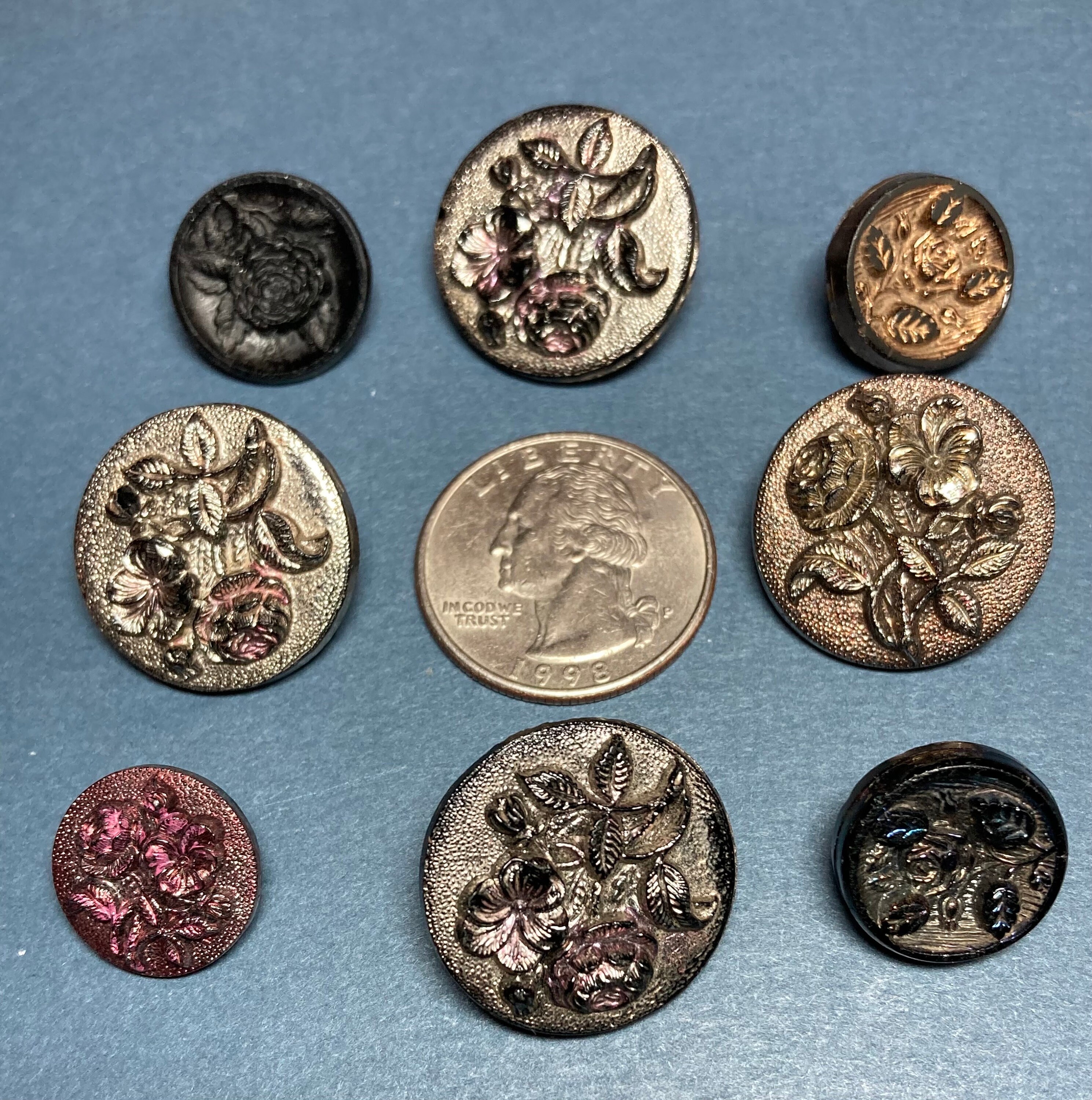 Lot of 8 Antique 1800s Black Glass Luster Buttons Botanical Flowers All ...