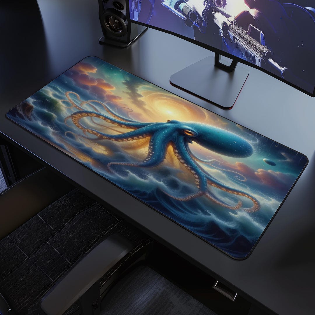 Blue Octopus Desk Mat, Solar System Octo Mousepad, MTG Gaming Desk Mat ...