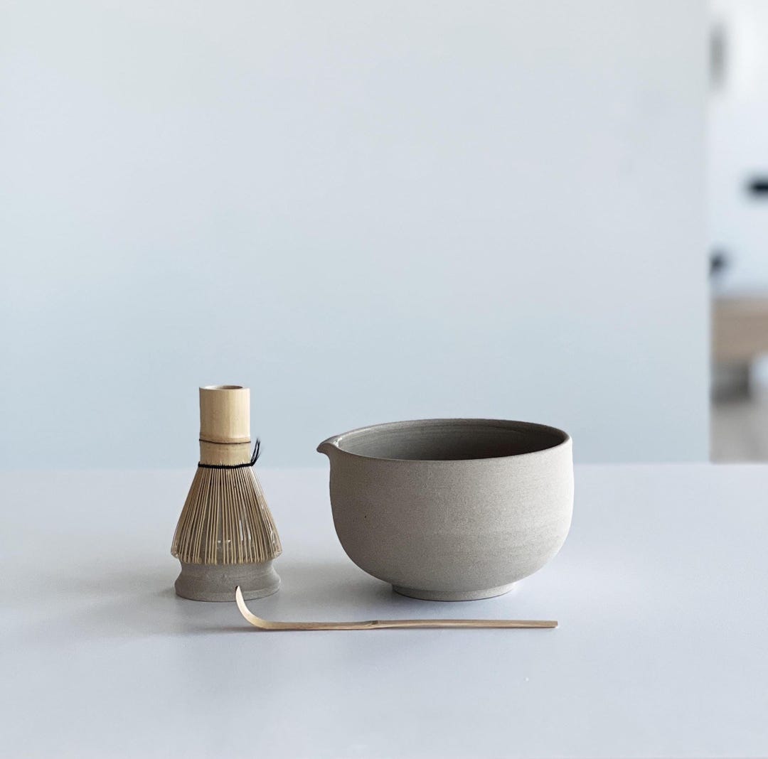 Handmade Toffee Ceramic Matcha Bowl Set: Bowl With Pouring Spout and ...