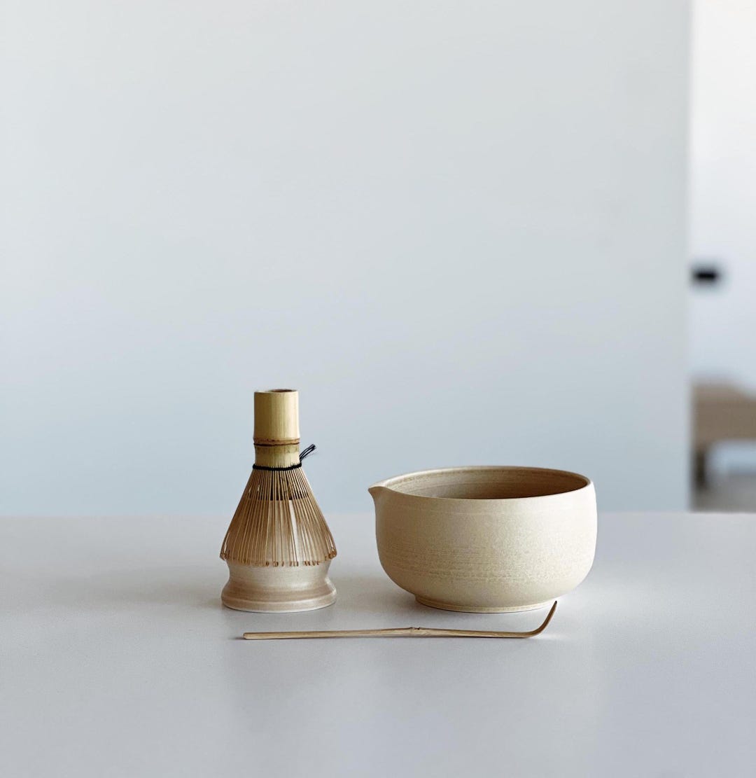 Beige Ceramic Matcha Bowl Set With Spout and Whisk Holder Handmade ...