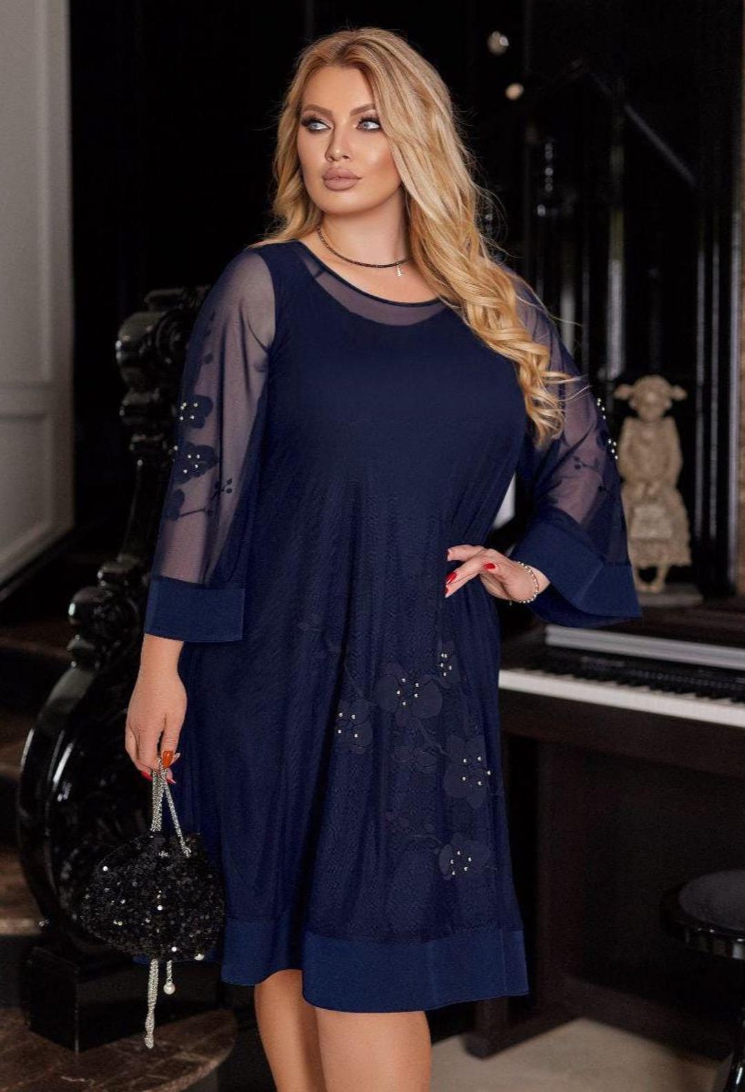 Two Layer Mesh Dress With Pearls and Floral Applique, Plus Size L–3XL ...
