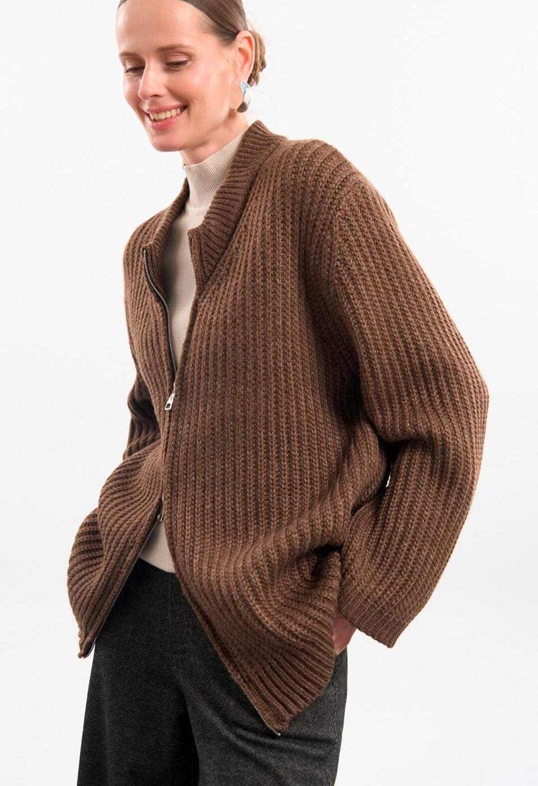 Cozy Half Coat in Soft Wool Blend Knit, Chunky Zipper Cardigan Jacket ...