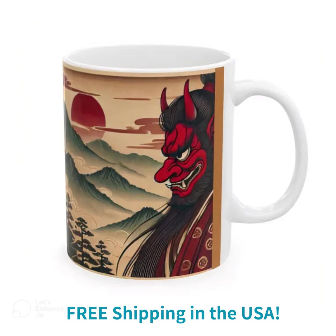 Tengu Yokai Mug | Red-faced Japanese Spirit Cup | Ukiyo-e Folklore Art ...