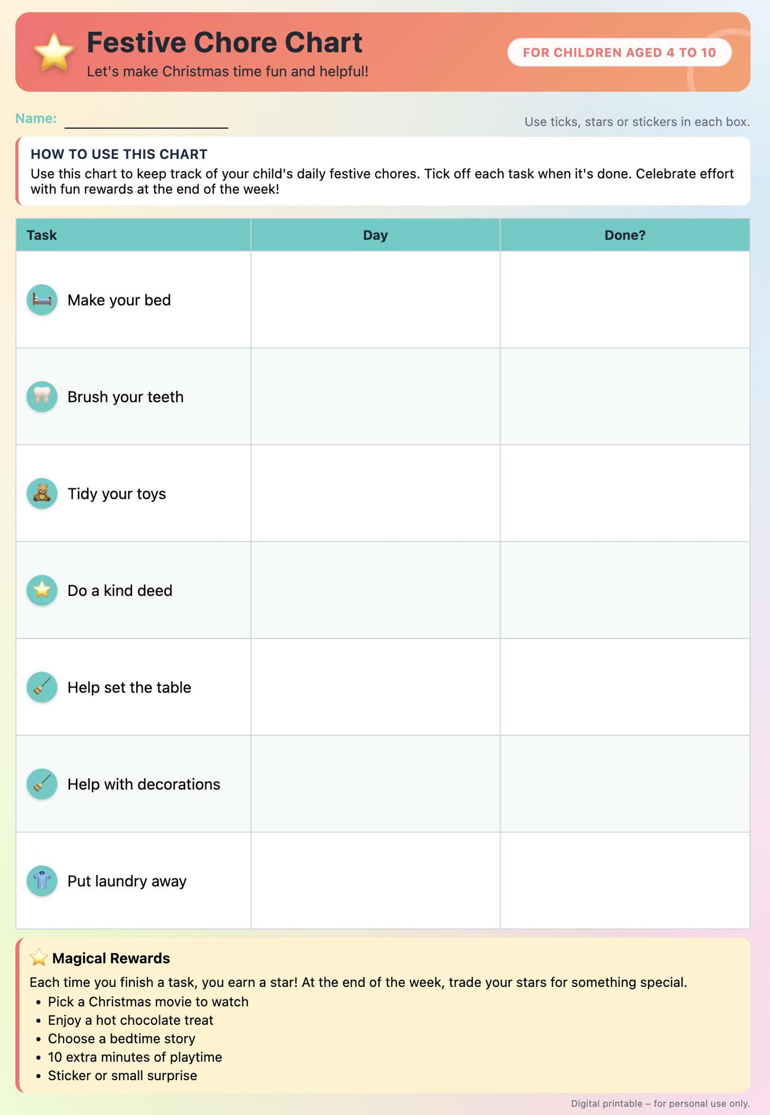 Printable Festive Chore Chart for Kids | Christmas Reward Chart ...