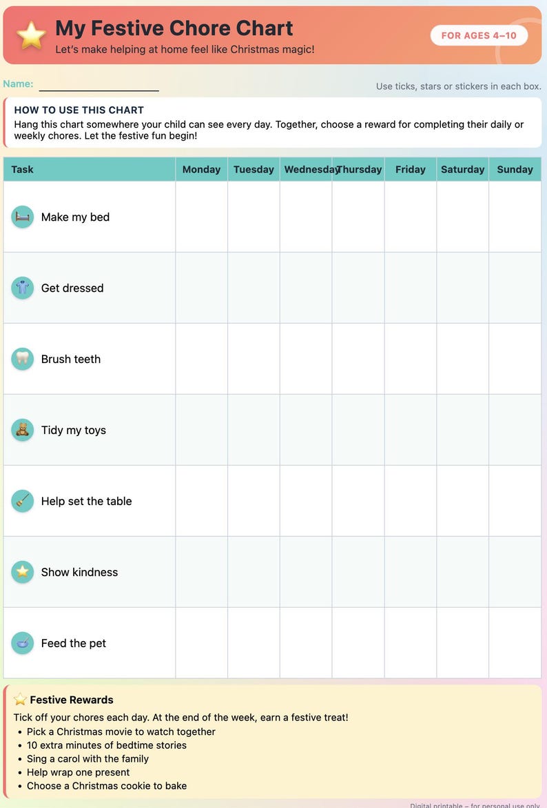 Printable Christmas Chore Chart for Kids – Festive Routine and Reward ...