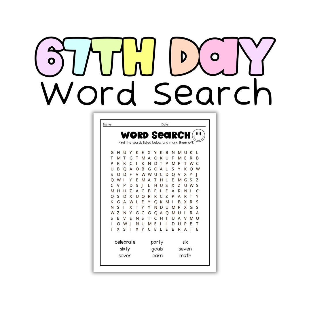 67th Day of School Word Search | 6 7 Trend Activity | Printable ...