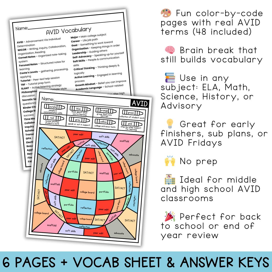 AVID Color by Code Activity | WICOR Vocabulary Worksheet | Middle ...