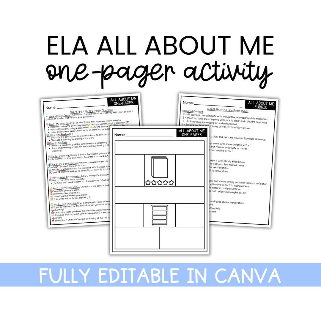 Editable All About Me One Pager for ELA | Back to School Activity ...