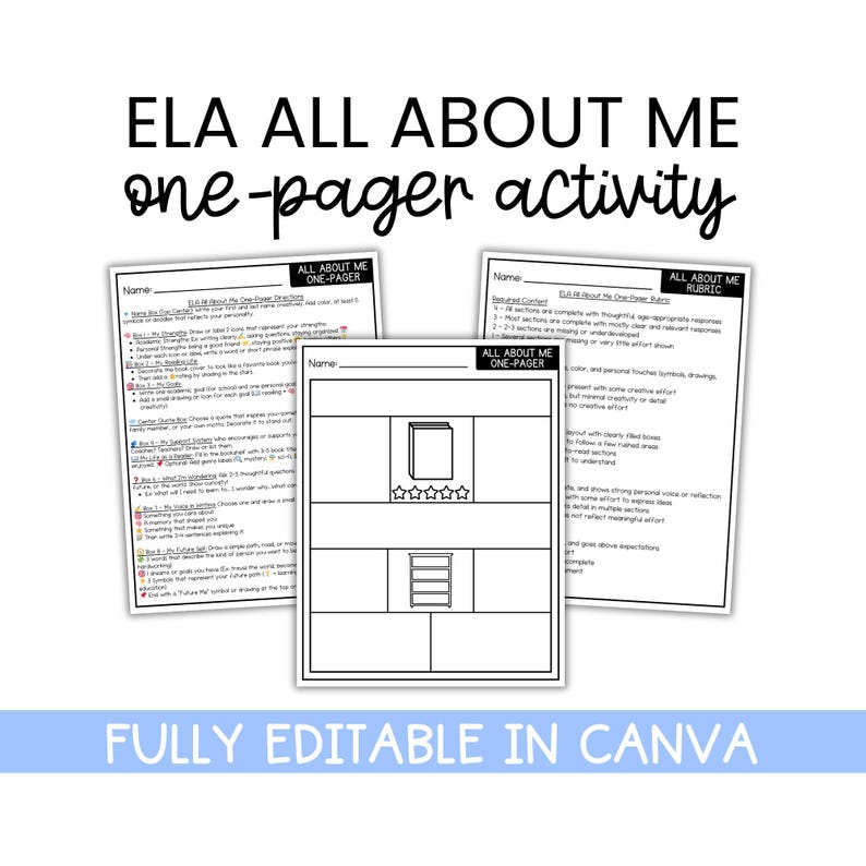 Editable All About Me One Pager for ELA | Back to School Activity ...