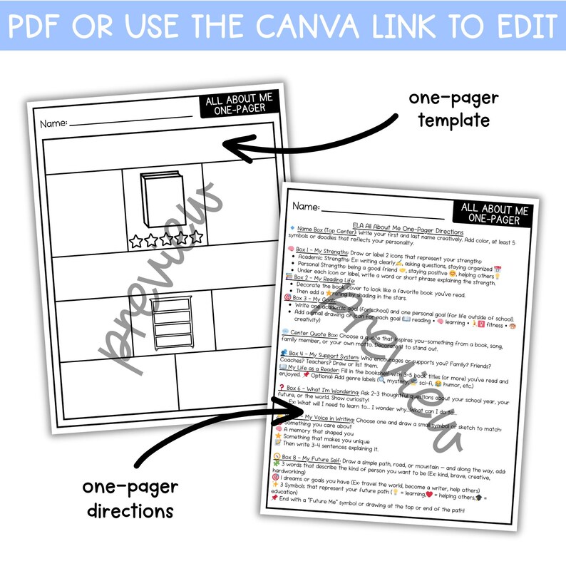 Editable All About Me One Pager for ELA | Back to School Activity ...