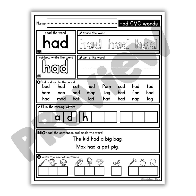 Short a CVC -ad Word Family Worksheets | Read & Write Phonics ...