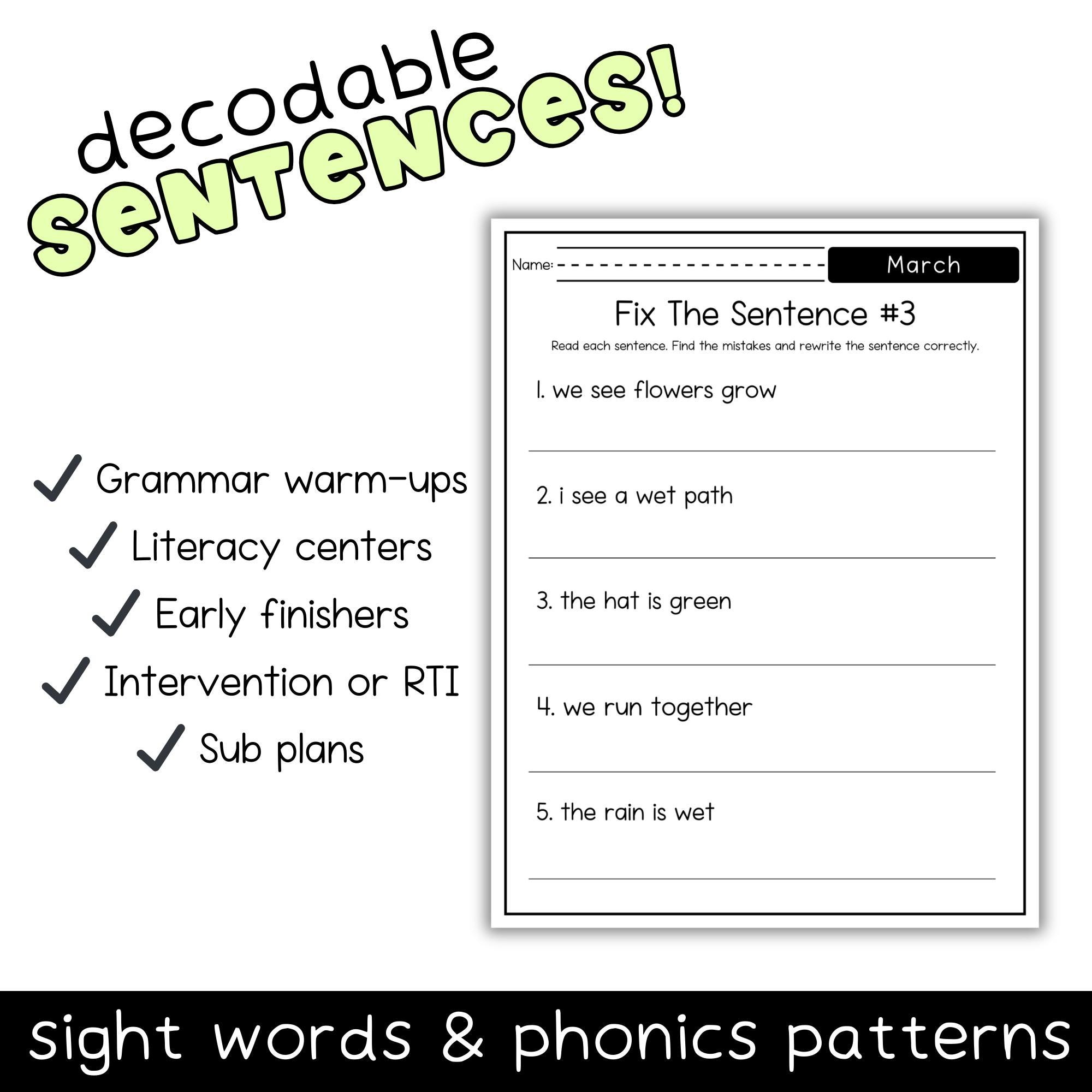 March Fix the Sentence Activities for First Grade | Decodable Sentences ...