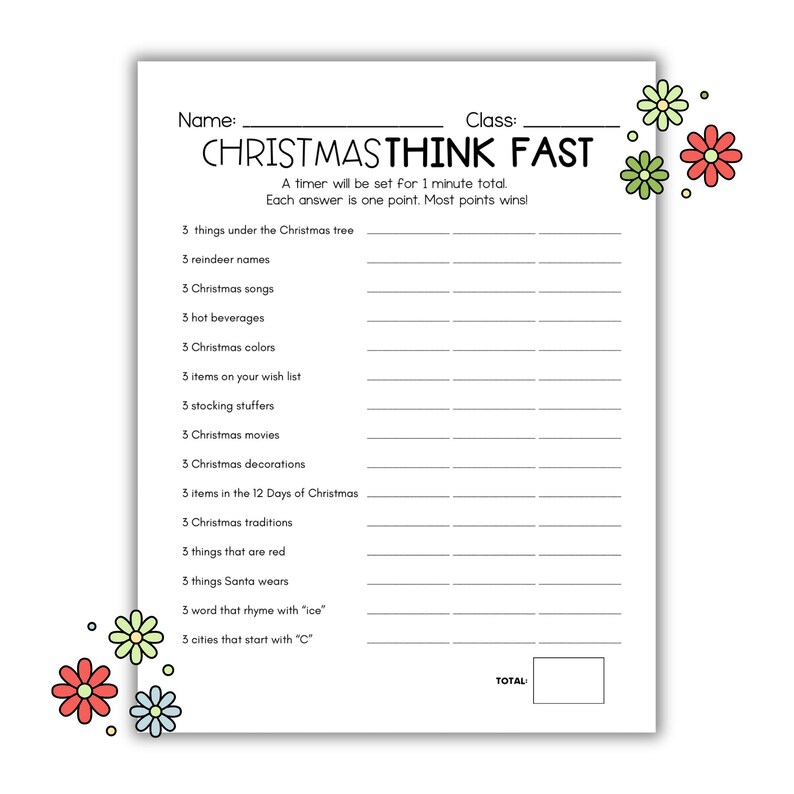 Christmas Think Fast Game Printable | Holiday Party Game for Kids and ...