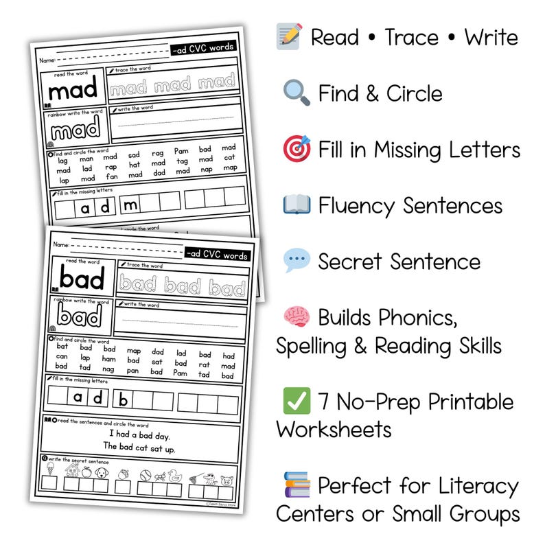 Short a CVC -ad Word Family Worksheets | Read & Write Phonics ...