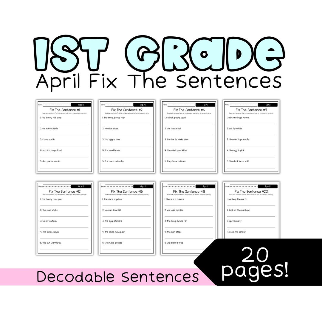 April Fix the Sentence Decodable Worksheets | 1st Grade Capitalization ...