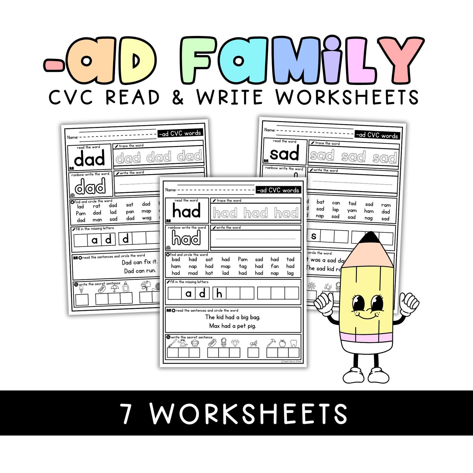 Short a CVC -ad Word Family Worksheets | Read & Write Phonics ...