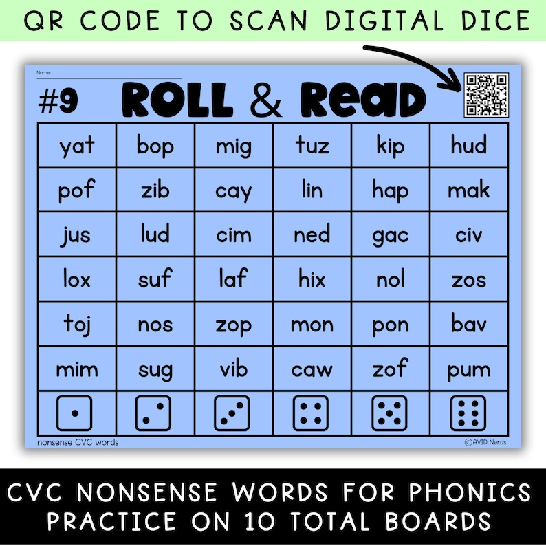 Nonsense CVC Words Phonics Worksheets | Roll and Read Games for ...