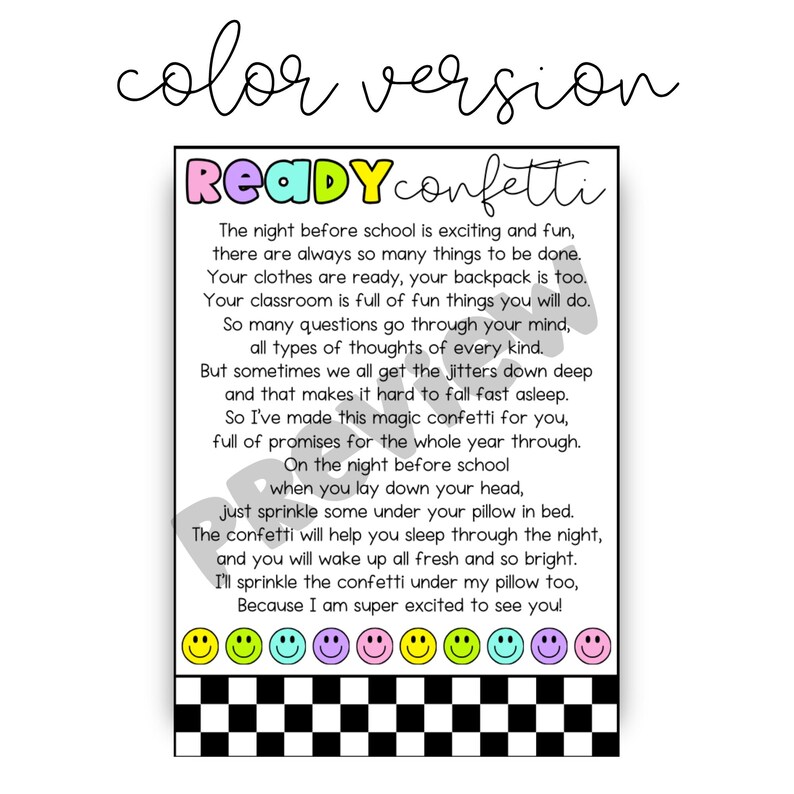 Back to School Ready Confetti Poem Printable • First Day of School Gift ...