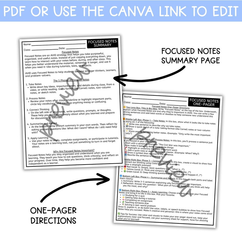 Editable AVID Focused Notes One Pager | 5 Phases of Note Taking ...