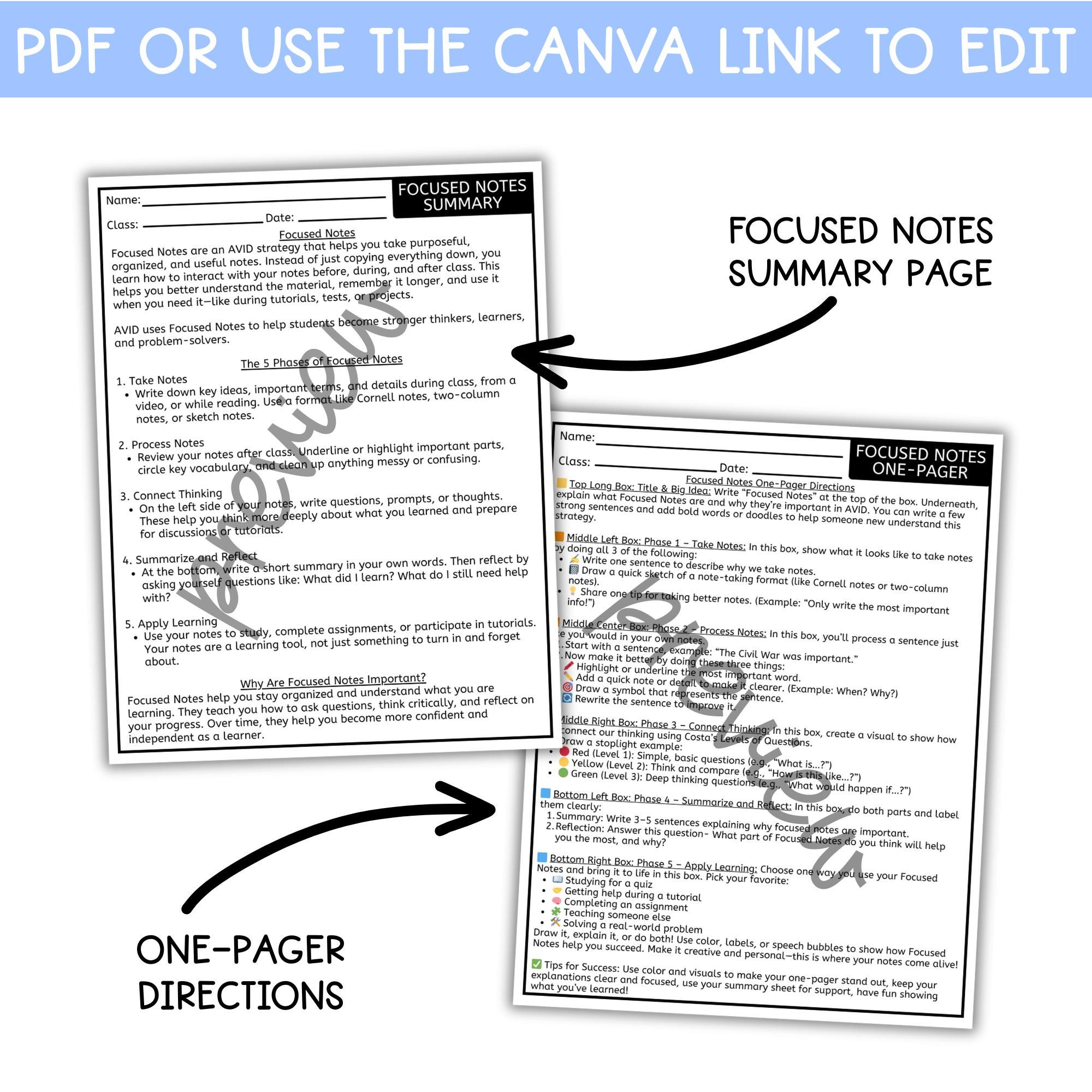 Editable AVID Focused Notes One Pager | 5 Phases of Note Taking ...