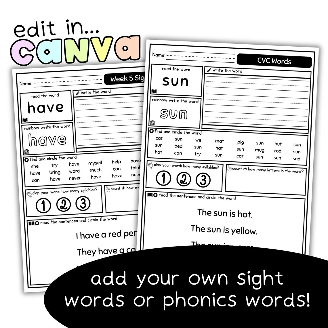 Editable Sight Word & Phonics Template Worksheet | Canva Literacy ...