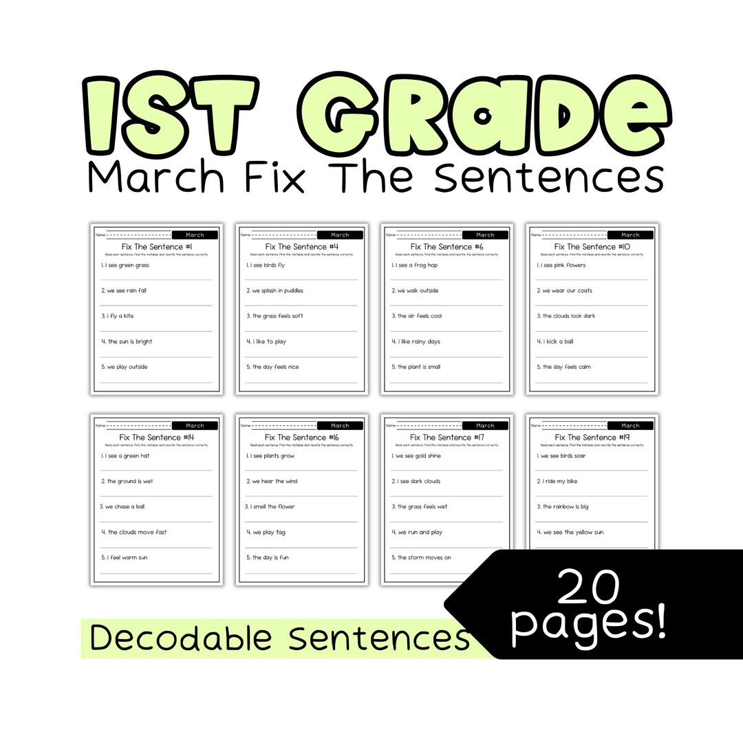 March Fix the Sentence Activities for First Grade | Decodable Sentences ...