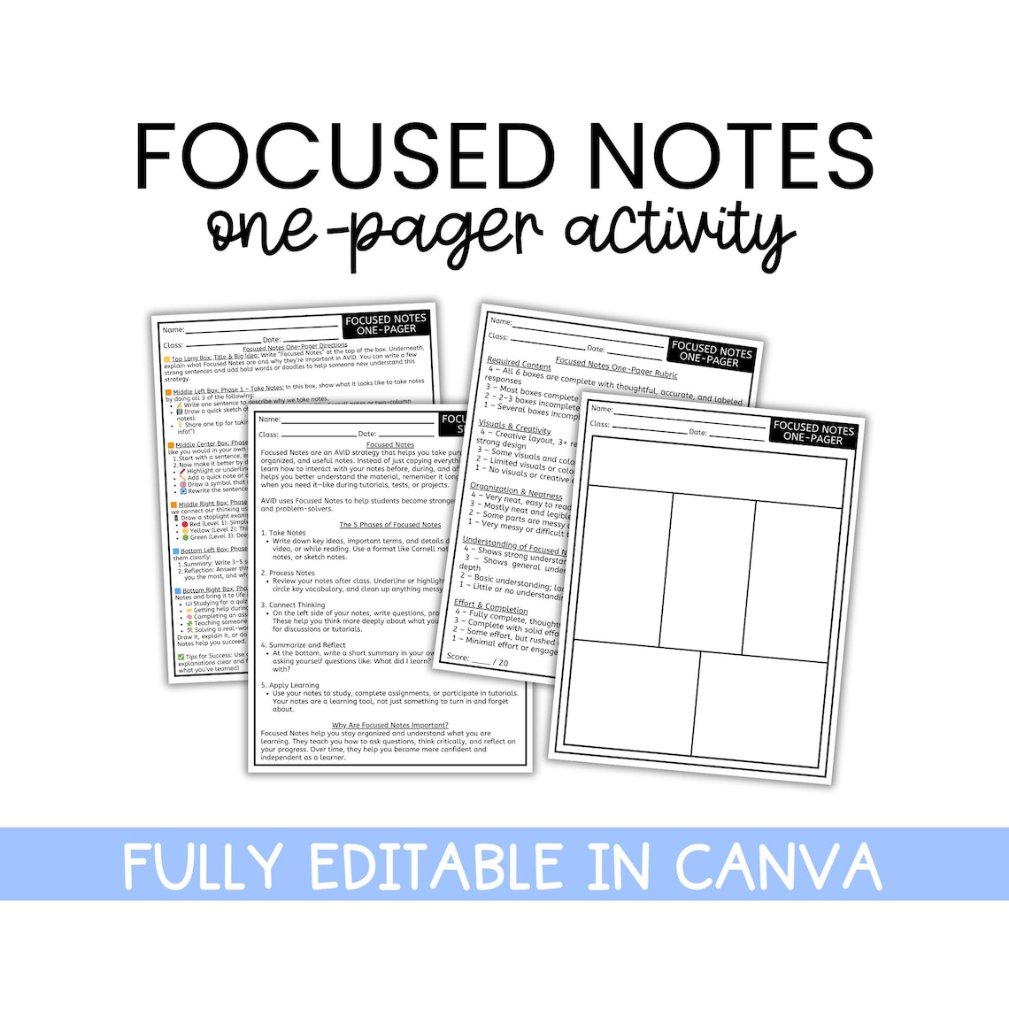 Editable AVID Focused Notes One Pager | 5 Phases of Note Taking ...