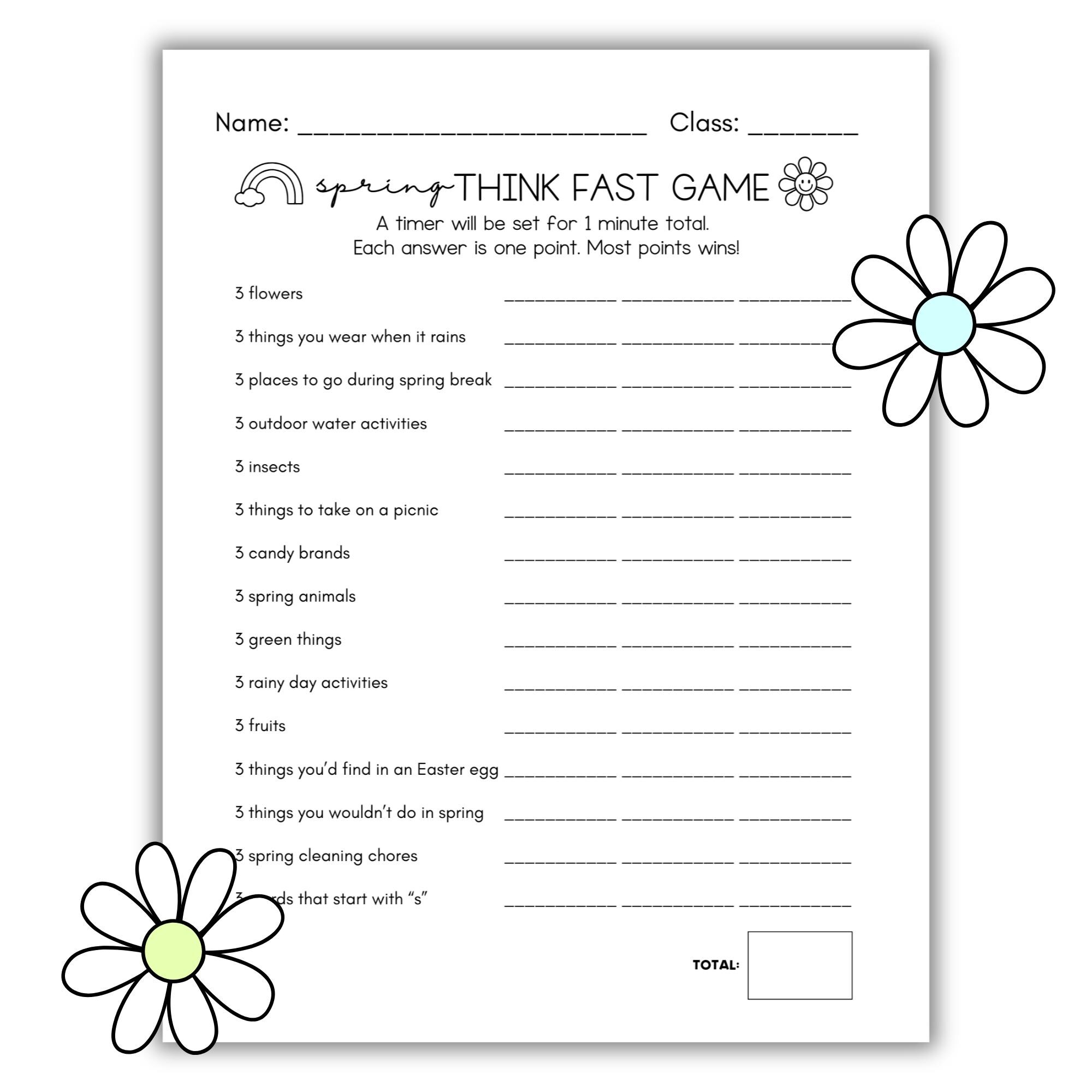 Spring Think Fast Game | Printable Activity for Classroom & Party ...