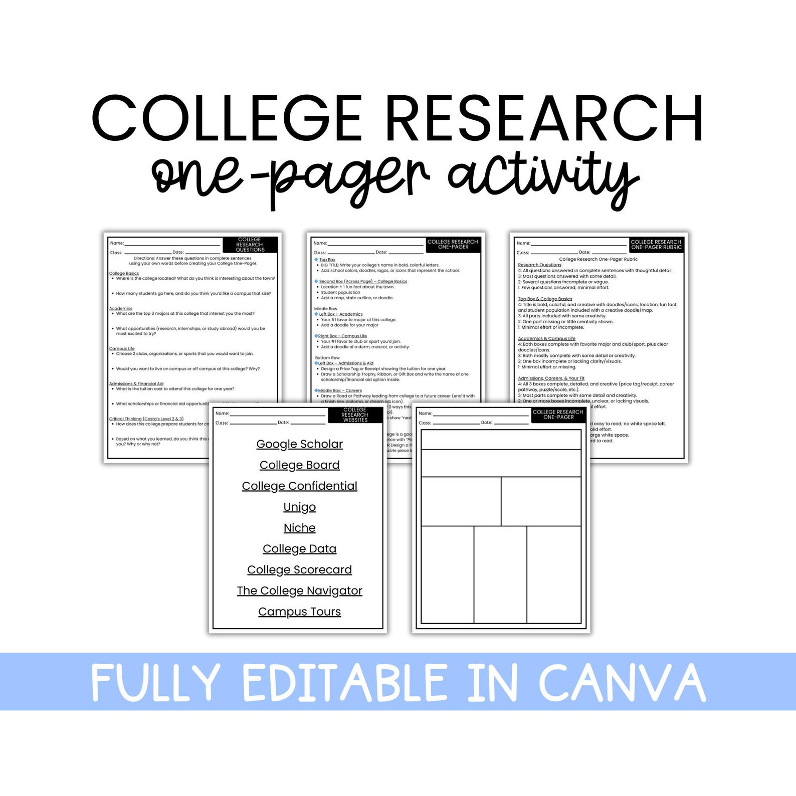 College Research One-pager Template: Editable Canva Project (PDF) - Etsy
