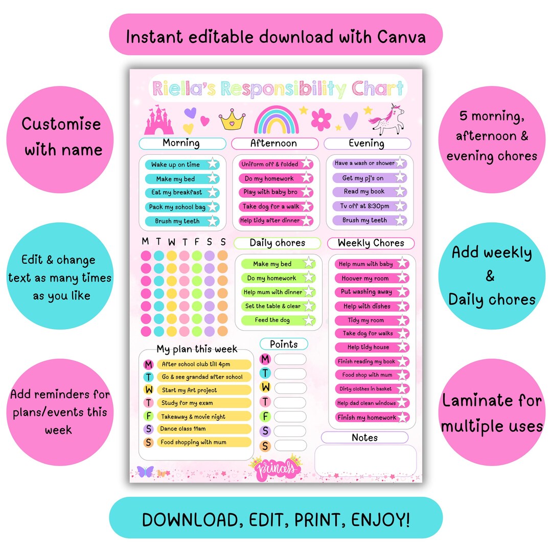 Personalised Childrens My Responsibility Chart Digital Download ...