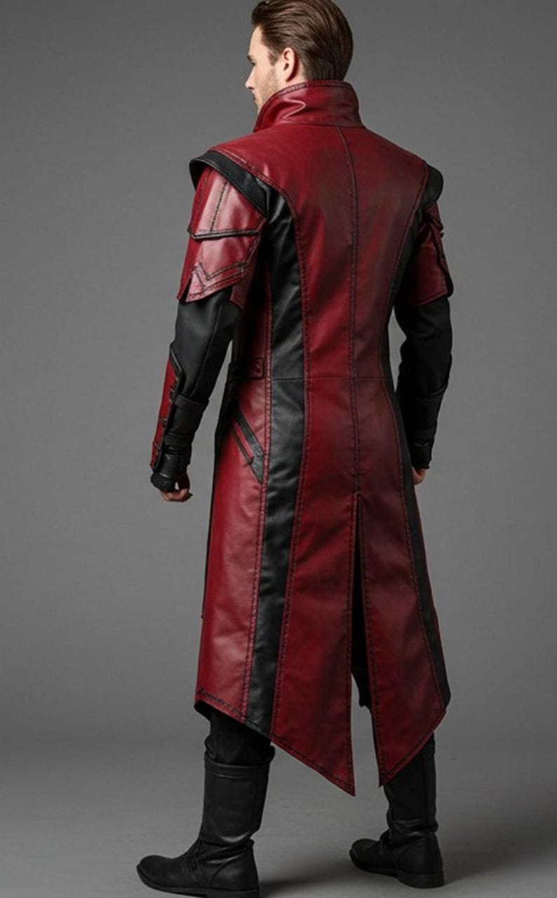Men's Blood Red Vampire Leather Trench Coat Gothic Assassin Cosplay ...