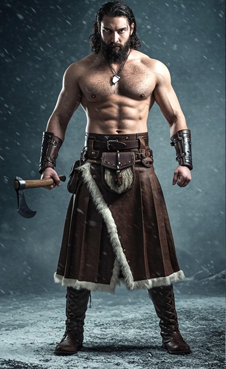 Viking Leather Kilt for Men | Fur Trim Highlander Warrior Skirt | Norse ...